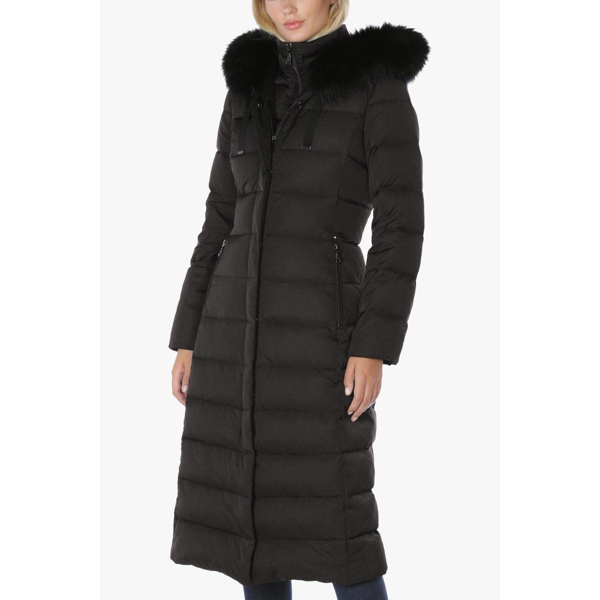 Tahari Nellie Womens Removable Faux Fur Trim Long Down Coat Jacket Black Size XL