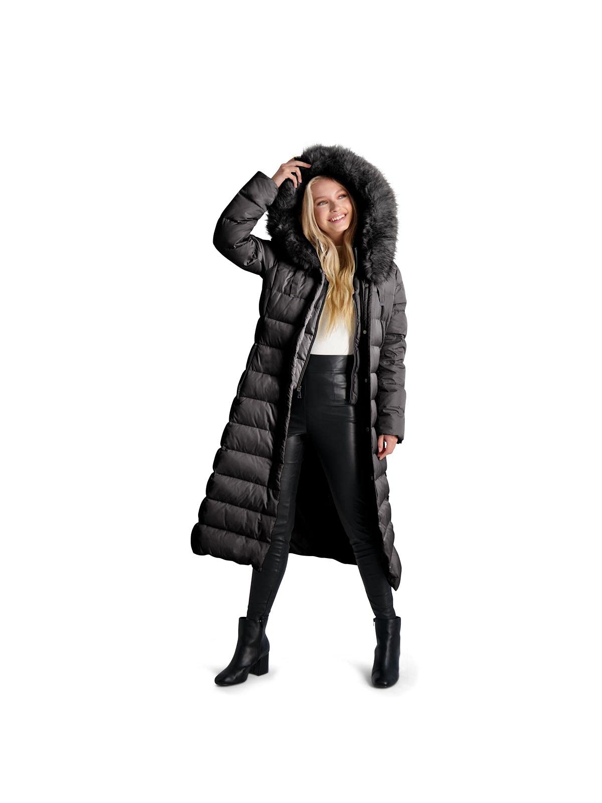 Tahari Nellie Womens Removable Faux Fur Trim Long Down Coat Jacket Black Size XL