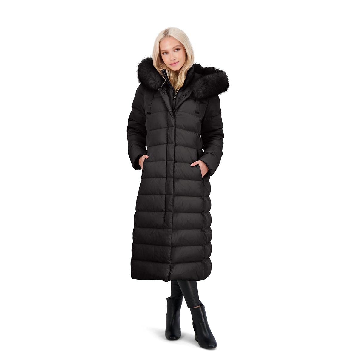 Tahari Nellie Womens Removable Faux Fur Trim Long Down Coat Jacket Black Size XL