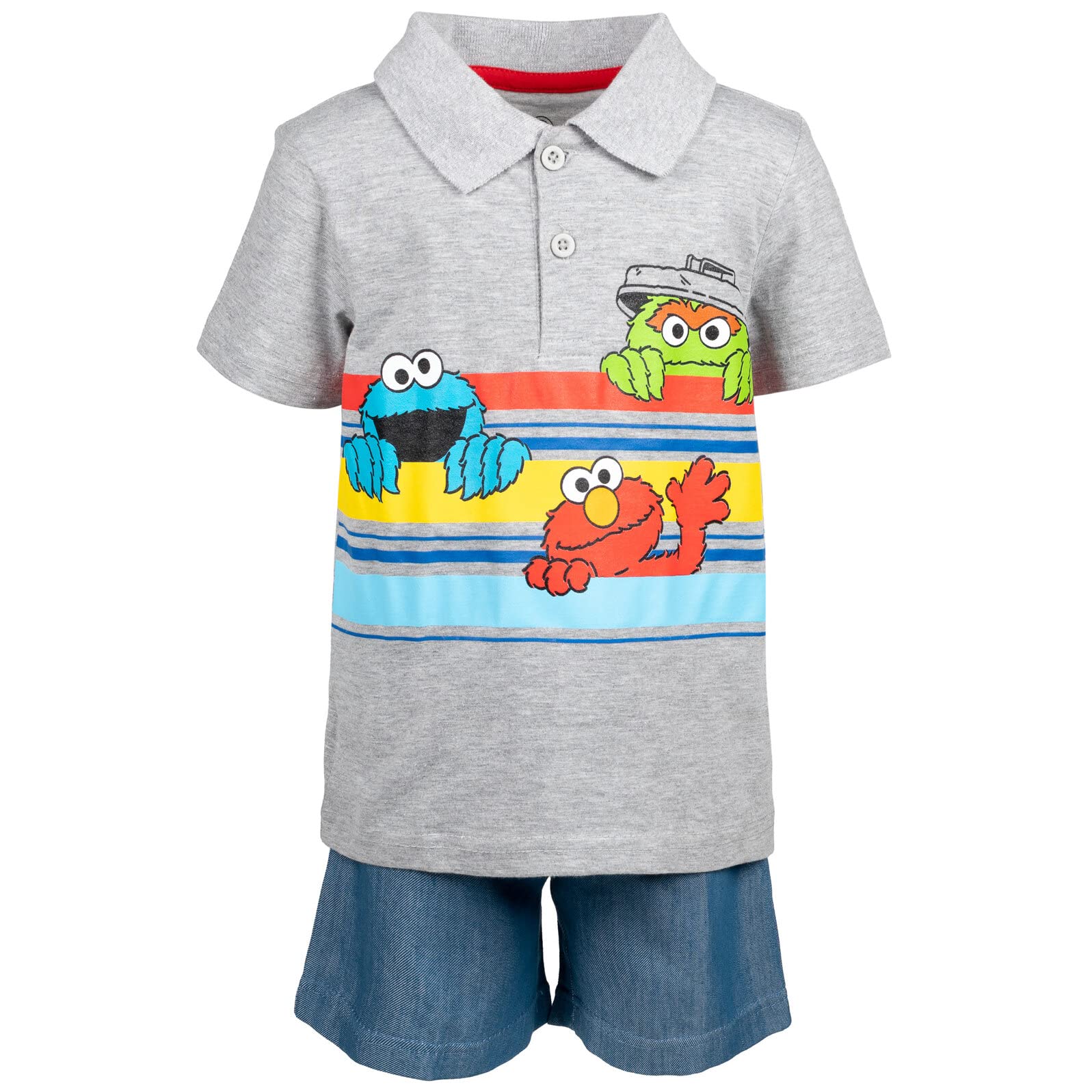 Sesame Street Oscar the Grouch Cookie Monster Elmo Toddler Boys Polo Shirt and Shorts Gray/Blue 2T