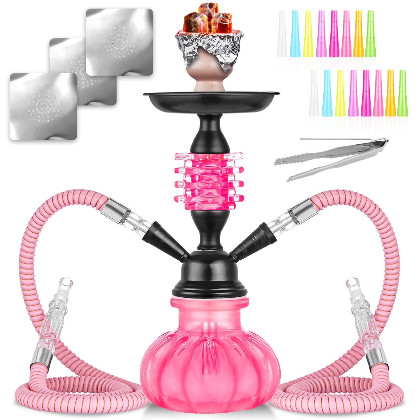 11'' 2 Hose Hookah Set With Everything - Mini Glass Pumpkin Vase, 50 Hookah Tips, 50 Hookah Foil (Pink)