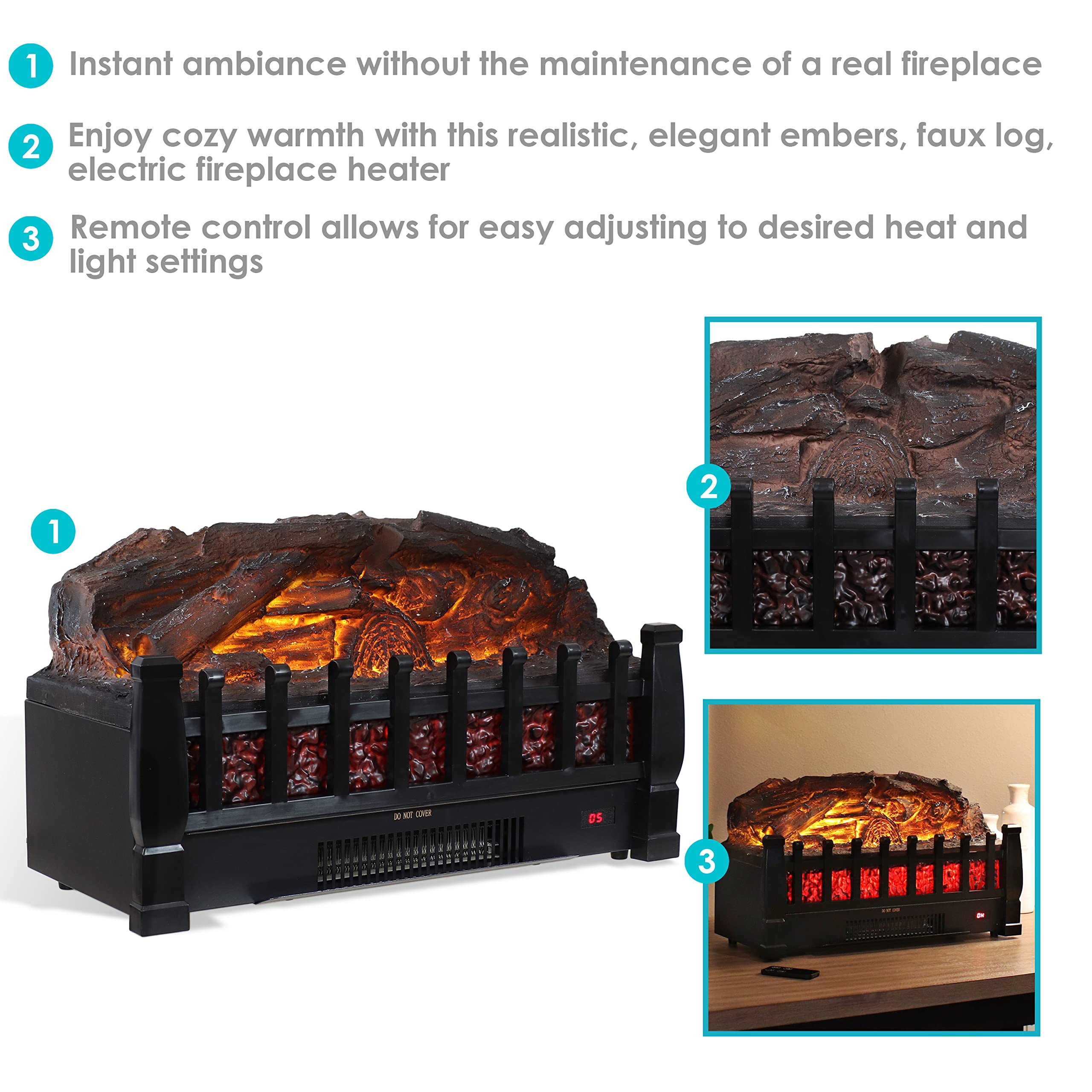 Sunnydaze Elegant Embers 20.25-Inch Faux Log Electric Fireplace Insert Heater - 110V -Remote Control Included