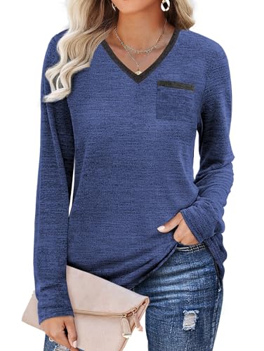 Grace's Secret Womens Sweaters Lightweight Soft Warm Sweatshirt Long Sleeve V Neck Shirts with Pockets,Navy,L
