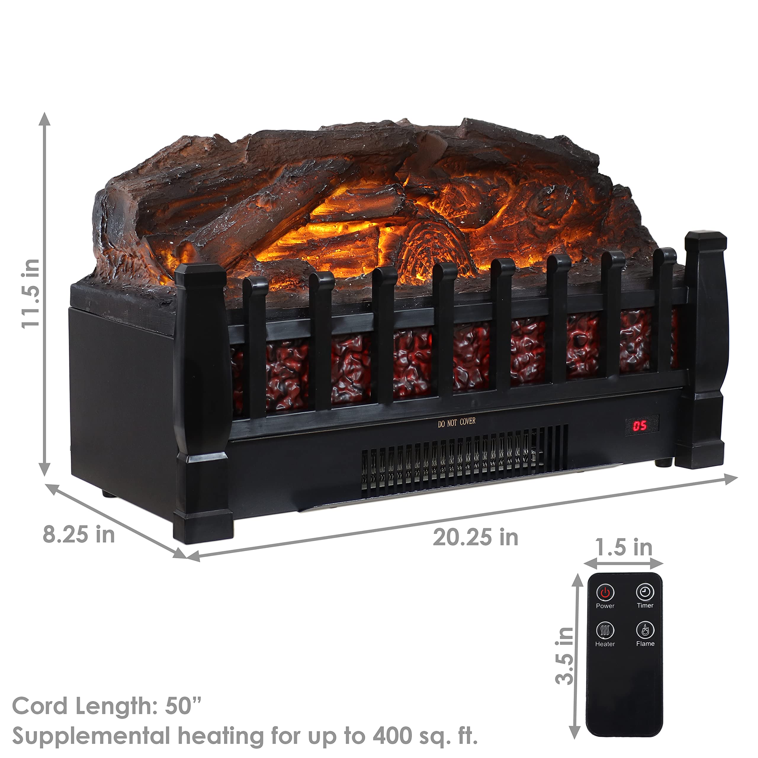 Sunnydaze Elegant Embers 20.25-Inch Faux Log Electric Fireplace Insert Heater - 110V -Remote Control Included
