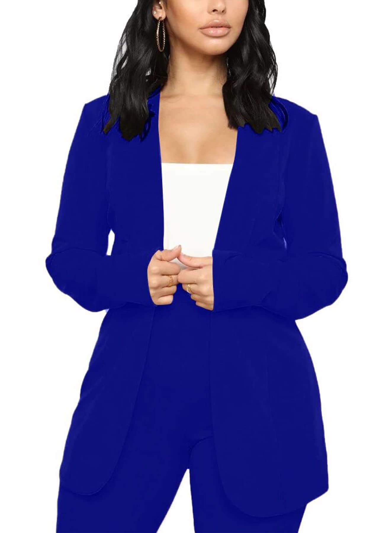 Womens Plus Size 2 Piece Blazer Set Casual Long Sleeve Business Blazer and Pant Suits Office Outfits Navy