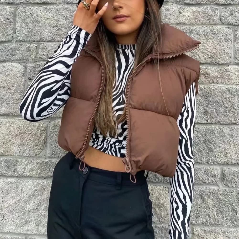 KEOMUD Women's Winter Crop Vest Lightweight Sleeveless Warm Outerwear Puffer Vest Padded Gilet Brown Medium