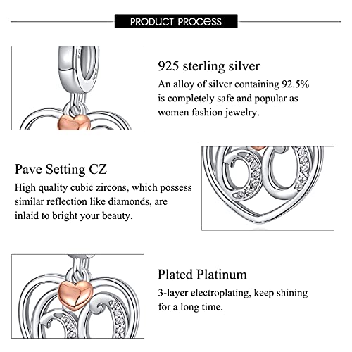 FOREVER QUEEN Number 60 Charm Fit Charm Bracelets 925 Sterling Silver Birthday Dangle Beads with 18K Gold Heart Shaped Pendant for Women Gift