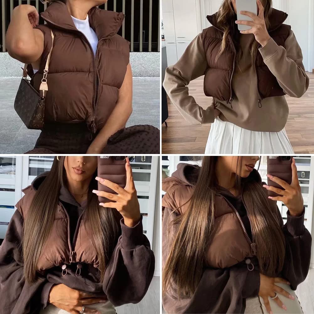 KEOMUD Women's Winter Crop Vest Lightweight Sleeveless Warm Outerwear Puffer Vest Padded Gilet Brown Medium
