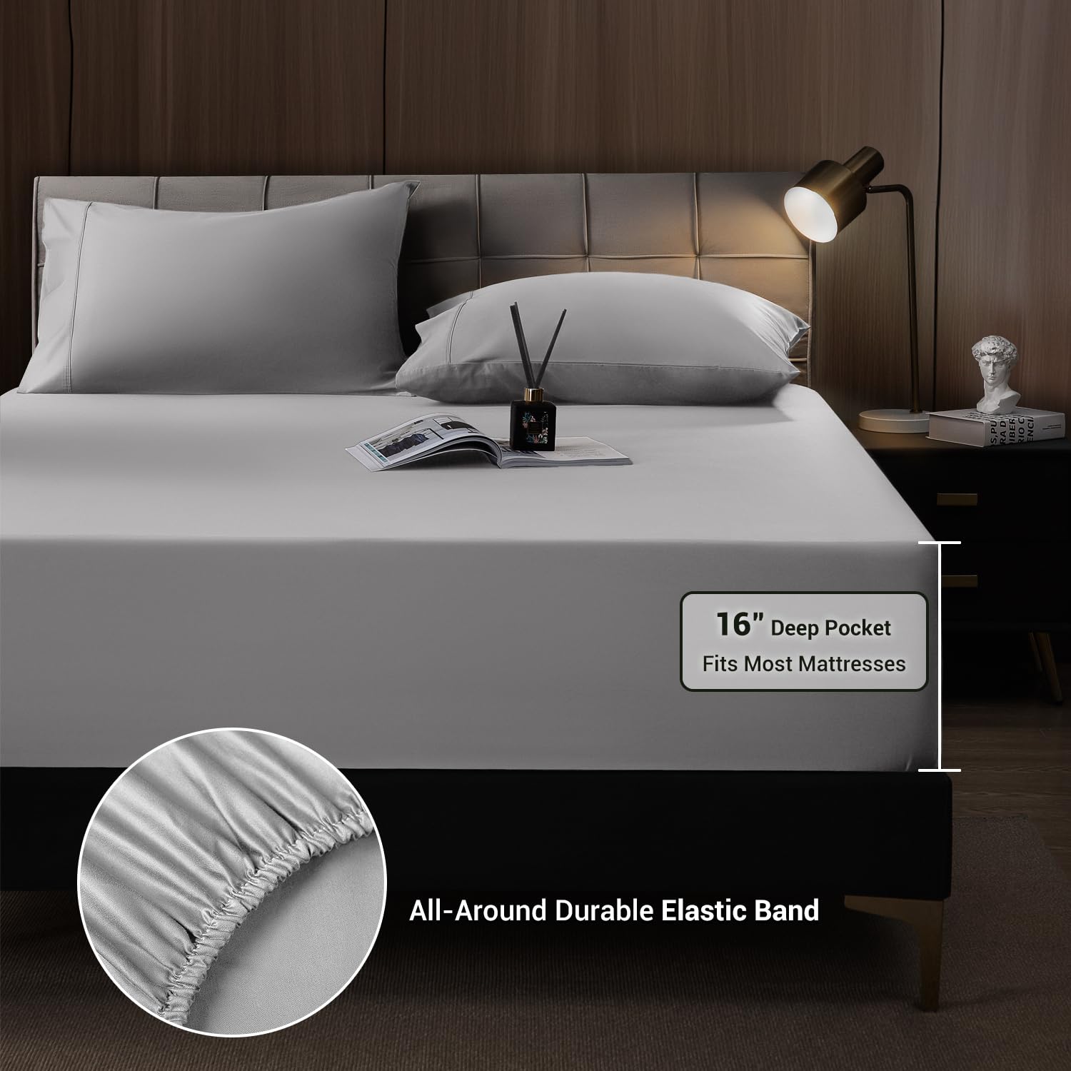 Shilucheng 4 Piece Full Sheet Sets, Cooling Sheets, Blend Rayon Derived from Bamboo, Deep Pocket Up to 16", Breathable & Soft Bed Sheets, Hotel Silky Bedding Set, Grey