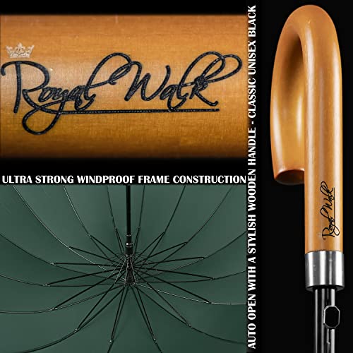 Royal Walk Large Windproof Umbrella for 2 People, 54 Inch, Dark Green, Auto Open, Wooden Handle, 16 Ribs, Travel Size