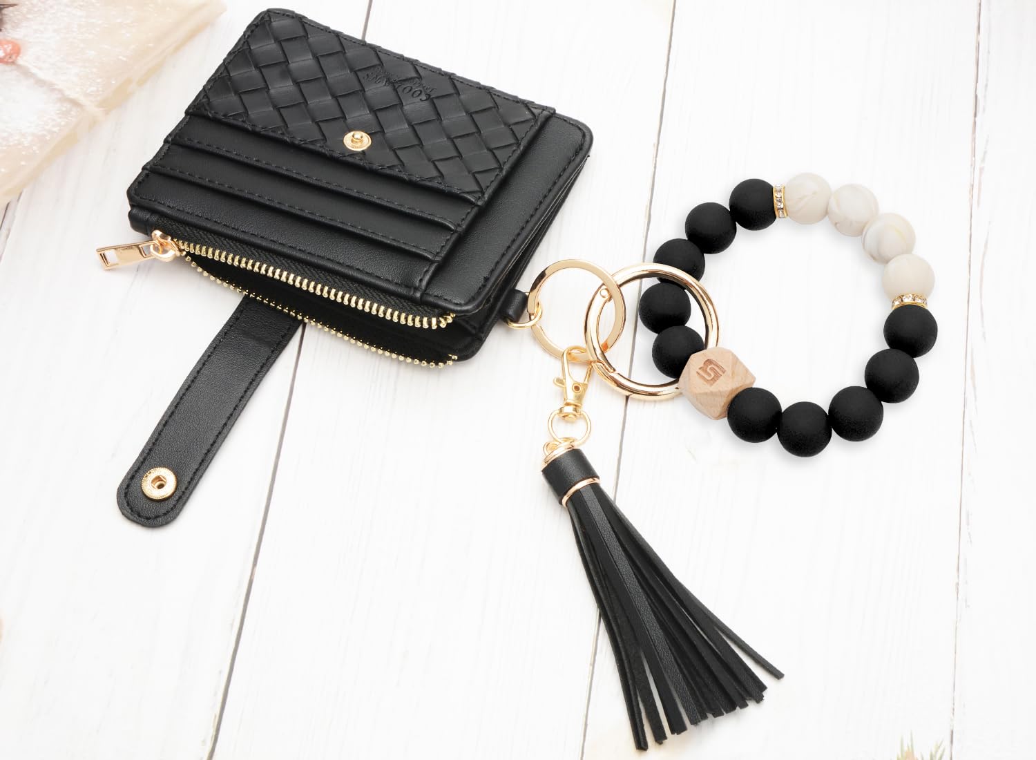 COOLANS Wristlet Bracelet Keychain Pocket Credit Card Holder Purse Tassel Keychain Bangle Key Ring for Women (Silicone Bead Bracelet+Card Purse (Black))