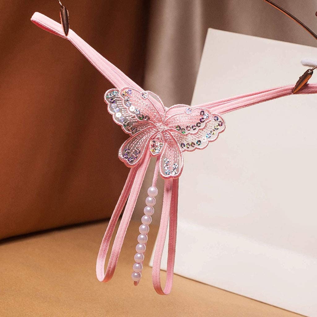 Sekexi Fashion Women Sexy Underwear Cutout Pendant Pearl Beads Embellished Lace Butterfly G-String Thong Underpants Pink