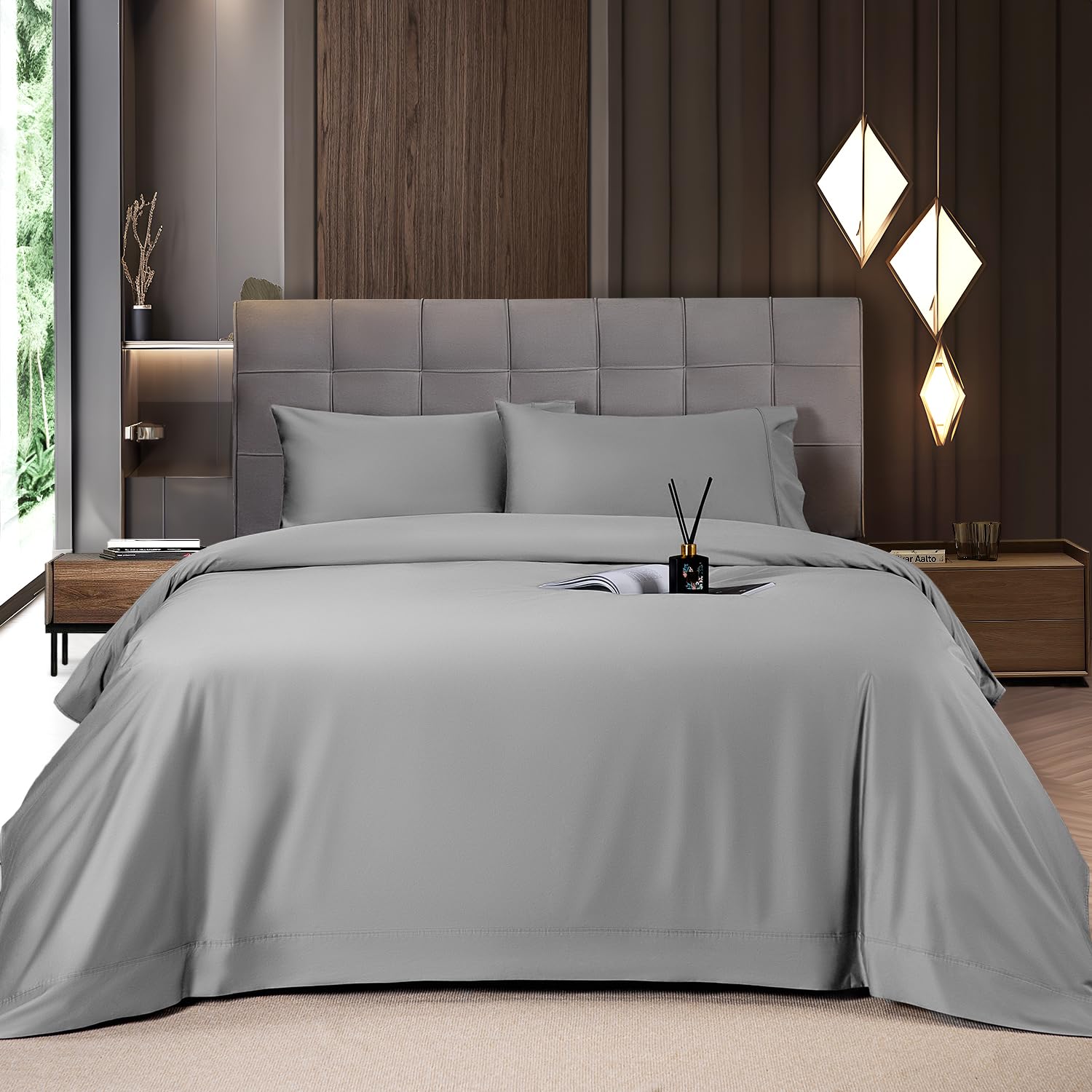 Shilucheng 4 Piece Full Sheet Sets, Cooling Sheets, Blend Rayon Derived from Bamboo, Deep Pocket Up to 16", Breathable & Soft Bed Sheets, Hotel Silky Bedding Set, Grey