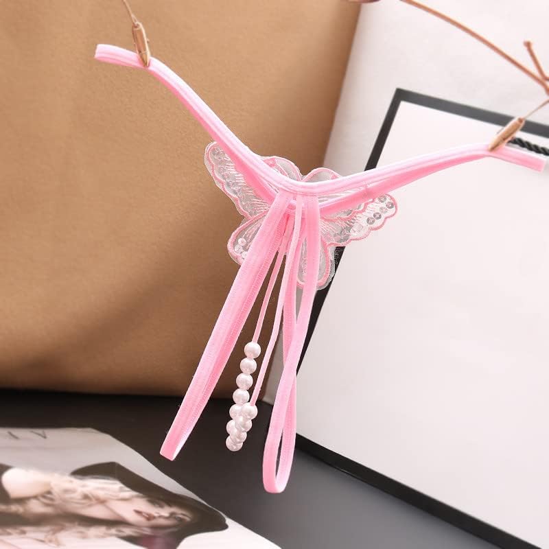Sekexi Fashion Women Sexy Underwear Cutout Pendant Pearl Beads Embellished Lace Butterfly G-String Thong Underpants Pink