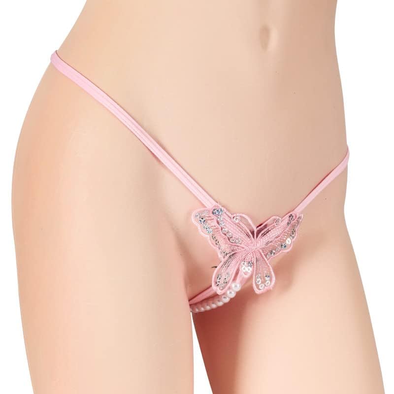 Sekexi Fashion Women Sexy Underwear Cutout Pendant Pearl Beads Embellished Lace Butterfly G-String Thong Underpants Pink