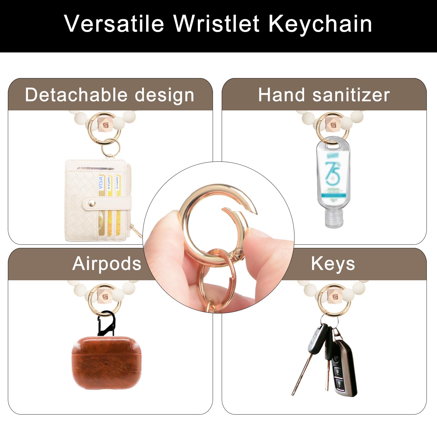 COOLANS Wristlet Bracelet Keychain Pocket Credit Card Holder Purse Tassel Keychain Bangle Key Ring for Women (Silicone Bead Bracelet+Card Purse (Black))