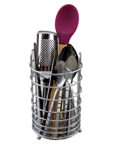 Dependable Kitchen Cutlery Holder Utensil Caddy Mesh Bottom Silver Chrome Finish (Silver)