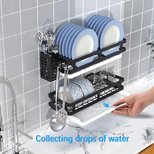 Virgorack Dish Rack, Wall Mounted Stainless Steel Dish Drying Rack, Kitchen Storage with Dish Drainer and Hanging Chopsticks Holder (2 Tier)