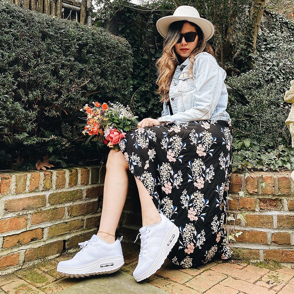 RUIDENG Rocker Bottom Shoes for Women Comfy | White Platform Sneakers Everyday Wear | 2 Inch Thick Sole with Air Cushion Size 6.5