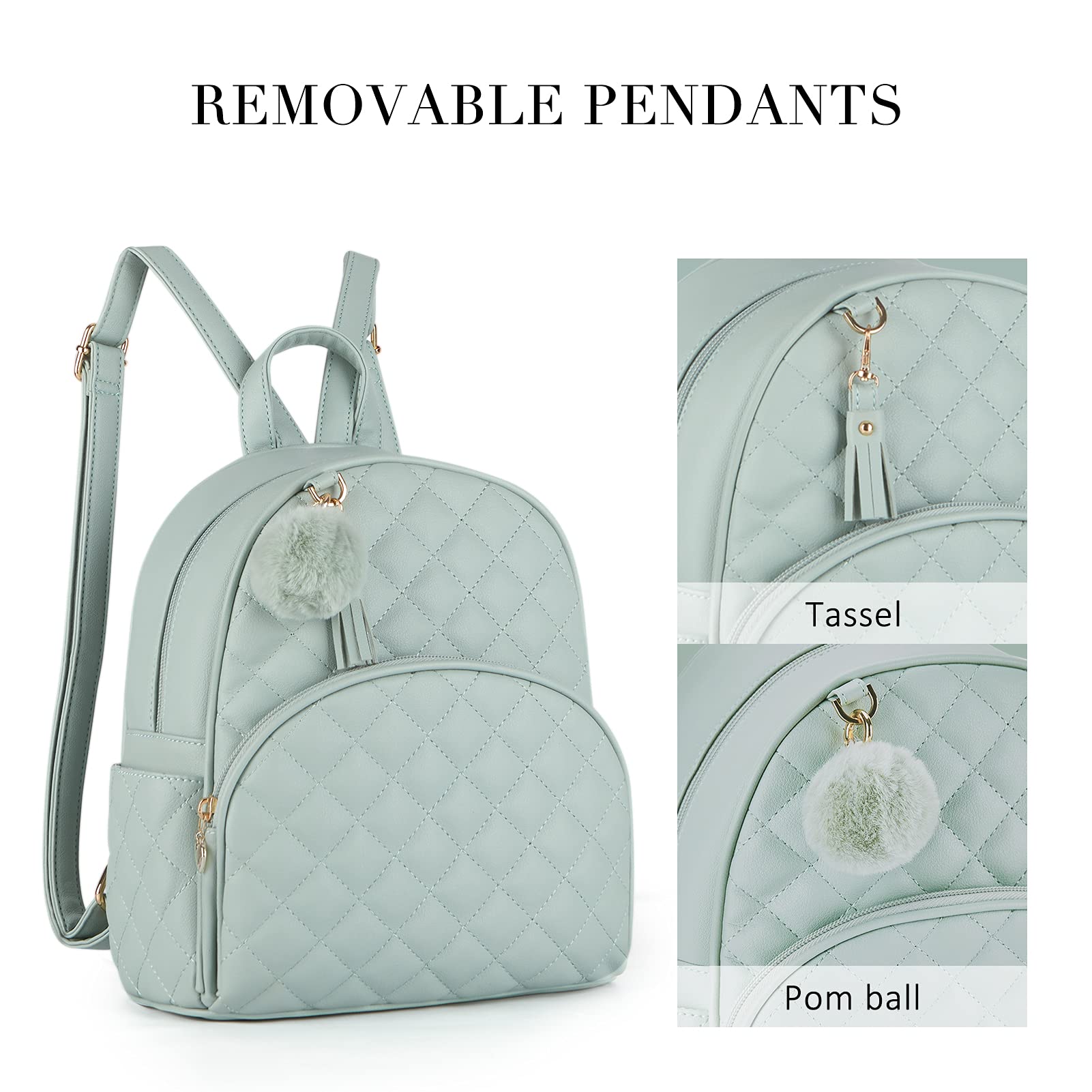 ECOSUSI Mini Backpack for Women Leather Small Backpack Purse for Ladies Cute Pom Bookbag Travel Shoulder Bag with Charm Tassel Green