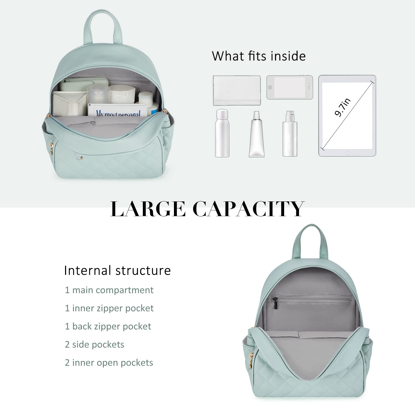 ECOSUSI Mini Backpack for Women Leather Small Backpack Purse for Ladies Cute Pom Bookbag Travel Shoulder Bag with Charm Tassel Green