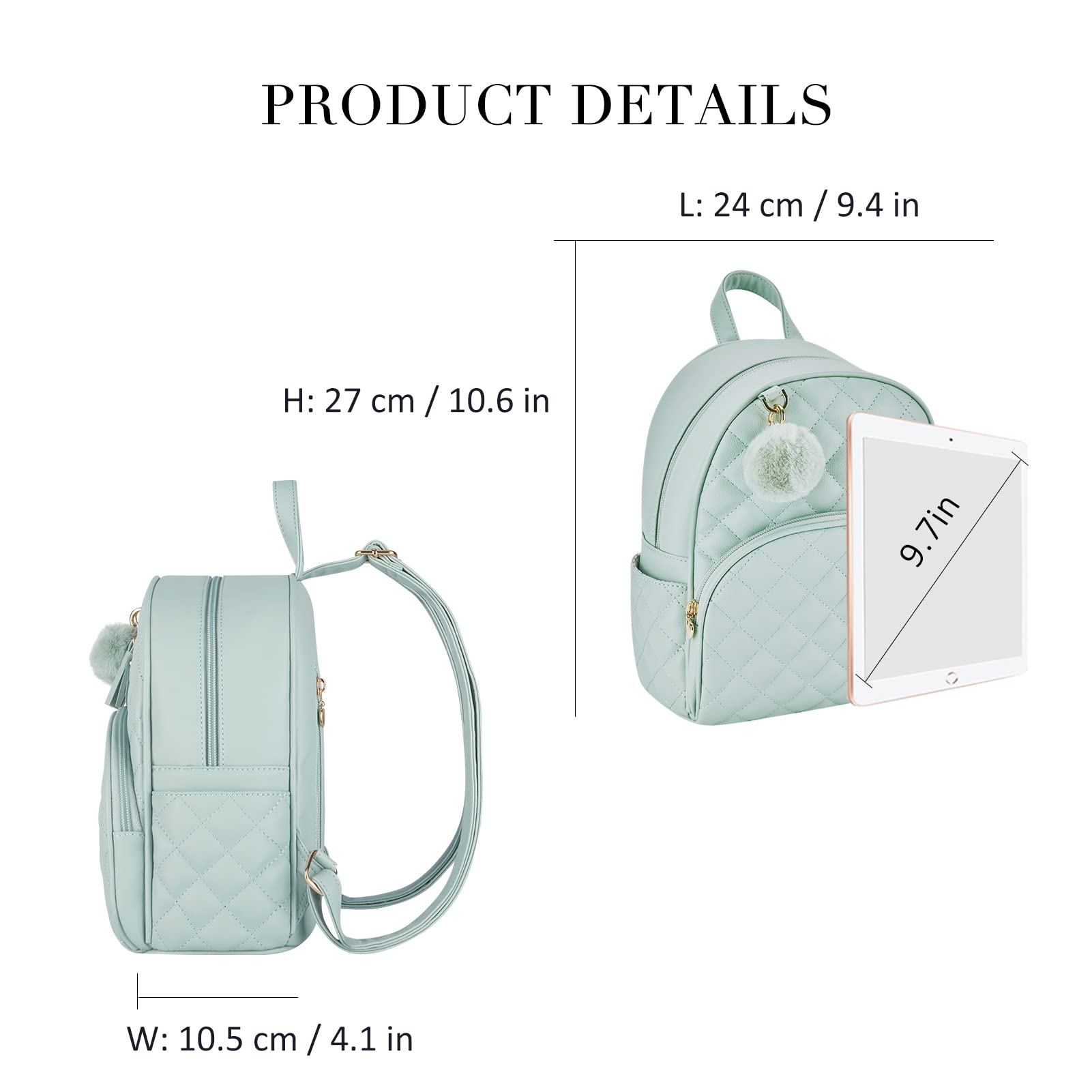 ECOSUSI Mini Backpack for Women Leather Small Backpack Purse for Ladies Cute Pom Bookbag Travel Shoulder Bag with Charm Tassel Green