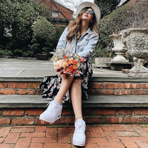 RUIDENG Rocker Bottom Shoes for Women Comfy | White Platform Sneakers Everyday Wear | 2 Inch Thick Sole with Air Cushion Size 6.5