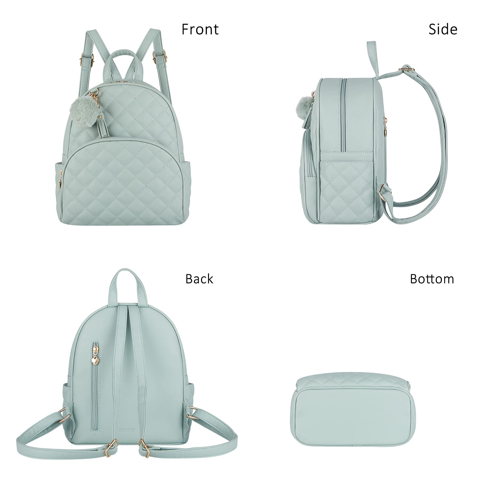ECOSUSI Mini Backpack for Women Leather Small Backpack Purse for Ladies Cute Pom Bookbag Travel Shoulder Bag with Charm Tassel Green