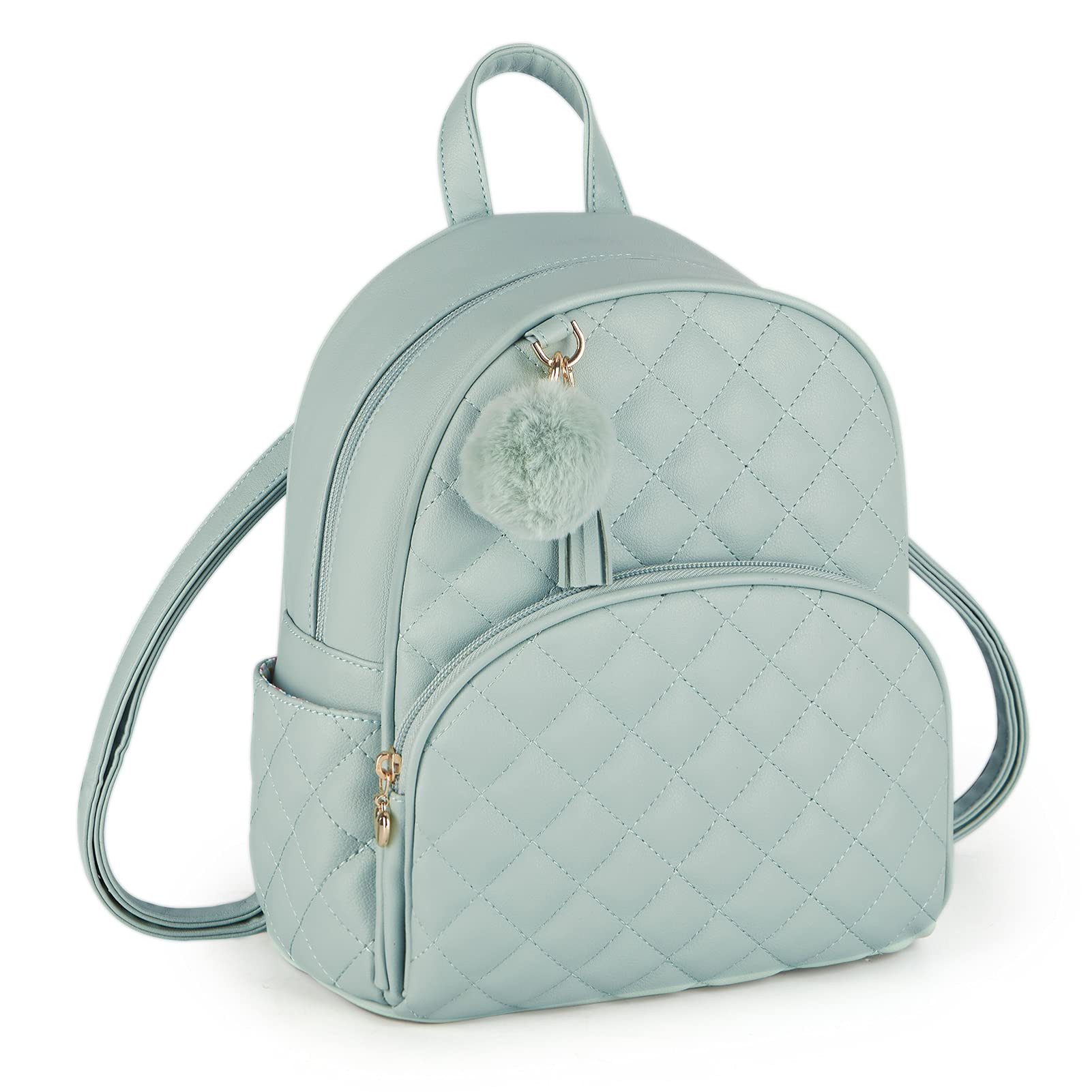 ECOSUSI Mini Backpack for Women Leather Small Backpack Purse for Ladies Cute Pom Bookbag Travel Shoulder Bag with Charm Tassel Green