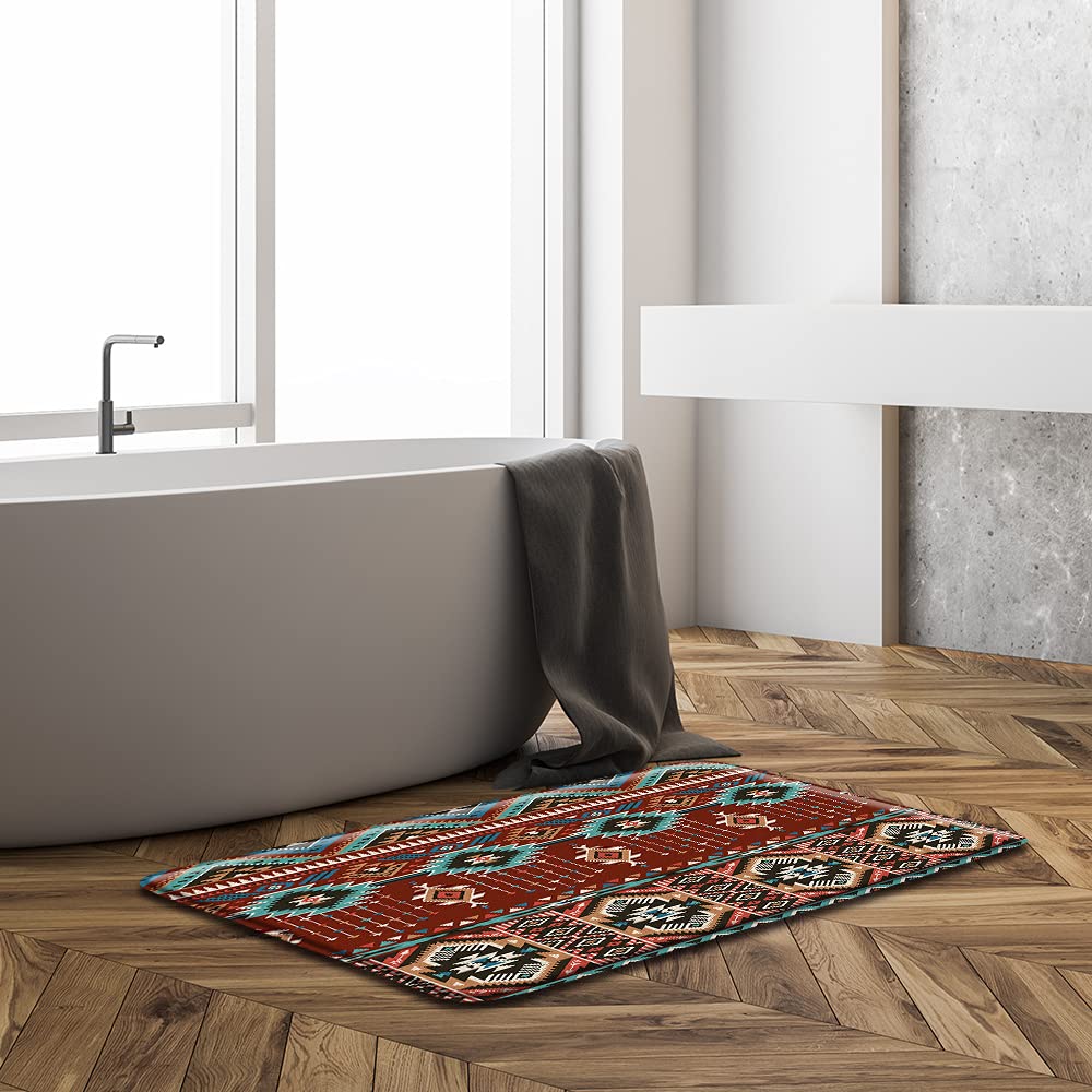 YSATNSFT Aztec Bath Mat Retro Color Tribal Southwestern Navajo Aztec Fancy Ethnic Western Abstract Boho Red Tan Bathroom Bedroom Kitchen Toilet Rug Soft Memory Foam Backing,18x30 Inch