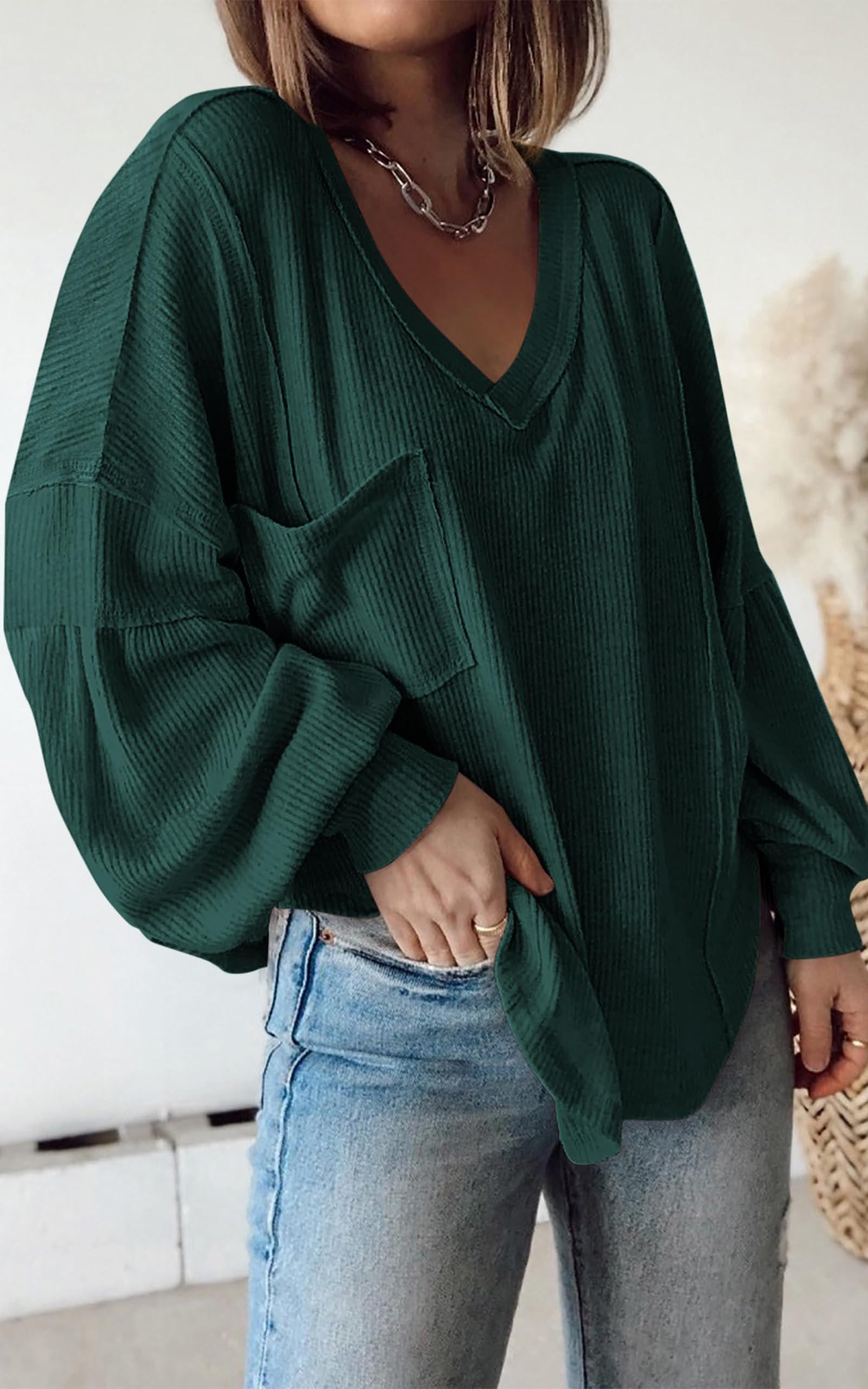 BTFBM Women's Ribbed Long Sleeve Tops 2025 Summer Spring Pullover Knit Casual V Neck Blouses Trendy Loose Fit Tunic Top(Solid Dark Green, Large)