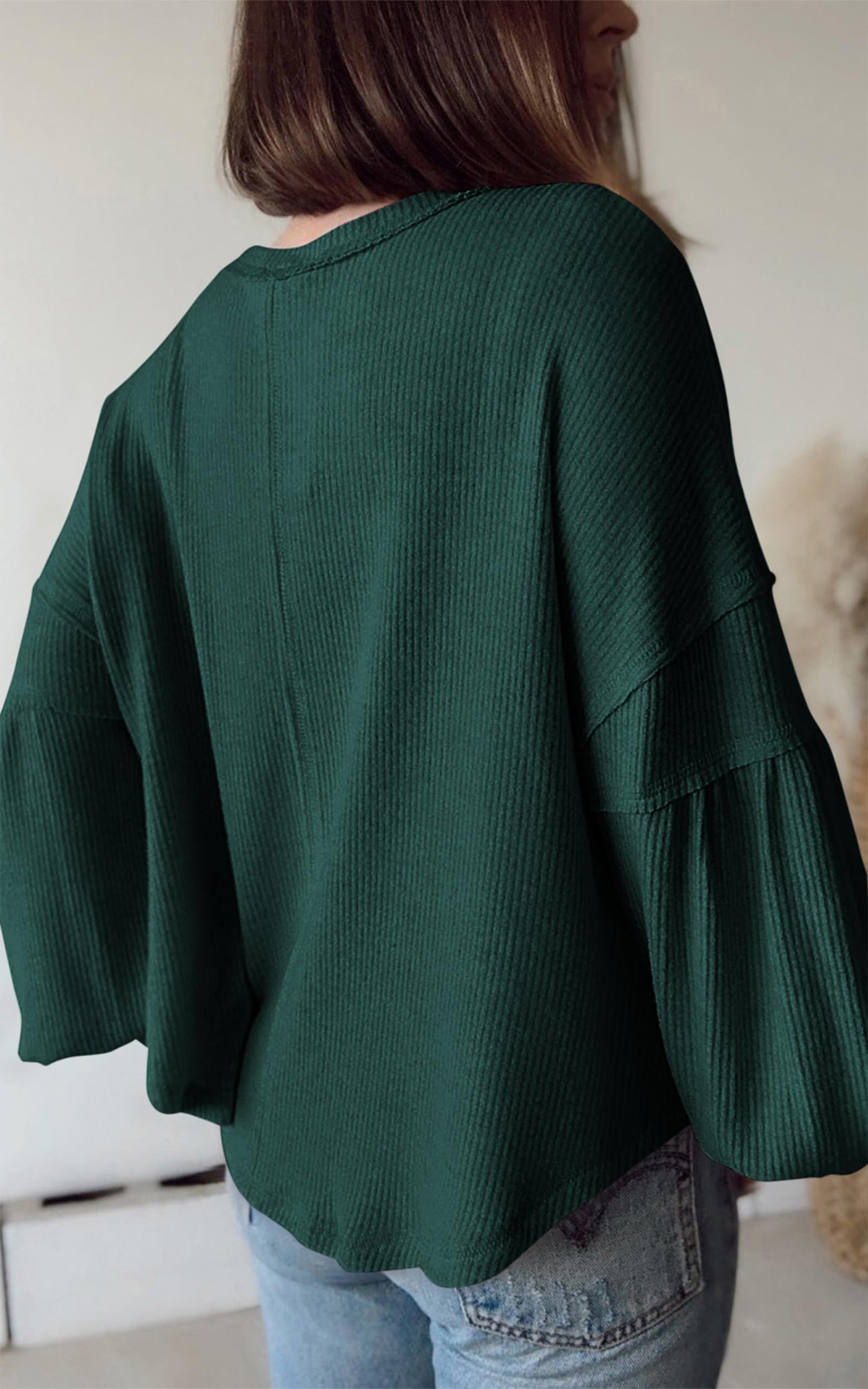 BTFBM Women's Ribbed Long Sleeve Tops 2025 Summer Spring Pullover Knit Casual V Neck Blouses Trendy Loose Fit Tunic Top(Solid Dark Green, Large)