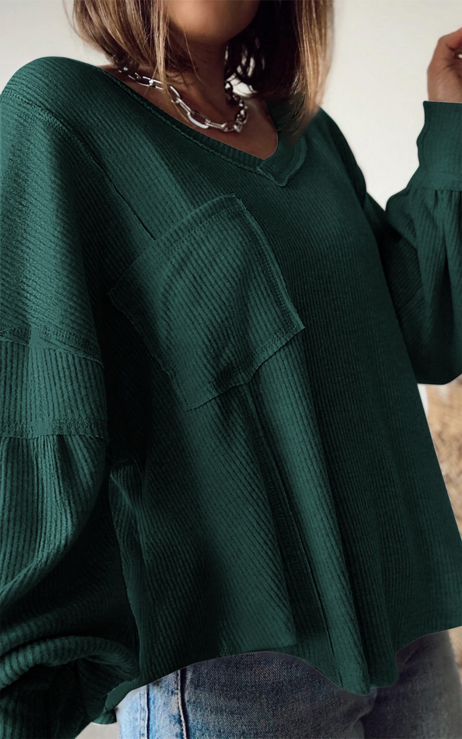 BTFBM Women's Ribbed Long Sleeve Tops 2025 Summer Spring Pullover Knit Casual V Neck Blouses Trendy Loose Fit Tunic Top(Solid Dark Green, Large)