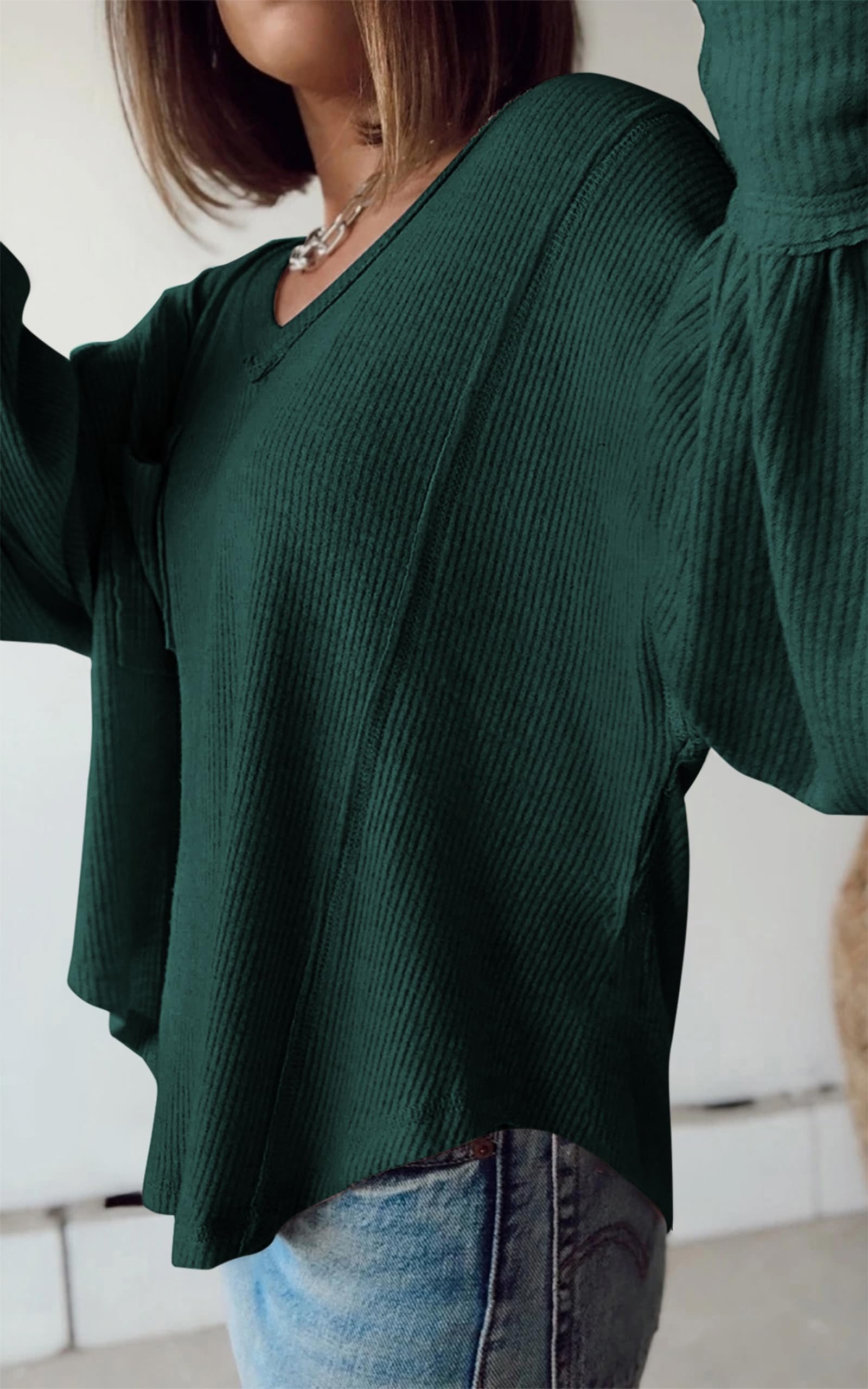 BTFBM Women's Ribbed Long Sleeve Tops 2025 Summer Spring Pullover Knit Casual V Neck Blouses Trendy Loose Fit Tunic Top(Solid Dark Green, Large)