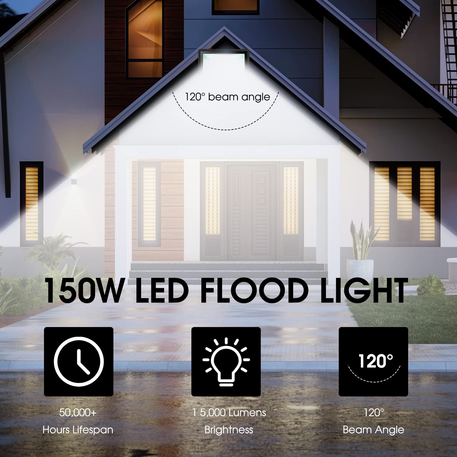 XYCN 150W LED Flood Light Outdoor,2 Pack 15500LM Super Bright Security Light,IP66 Waterproof Outdoor Floodlight,5000K Daylight White LED Exterior Light for Basketball Court, Stadium, Playground
