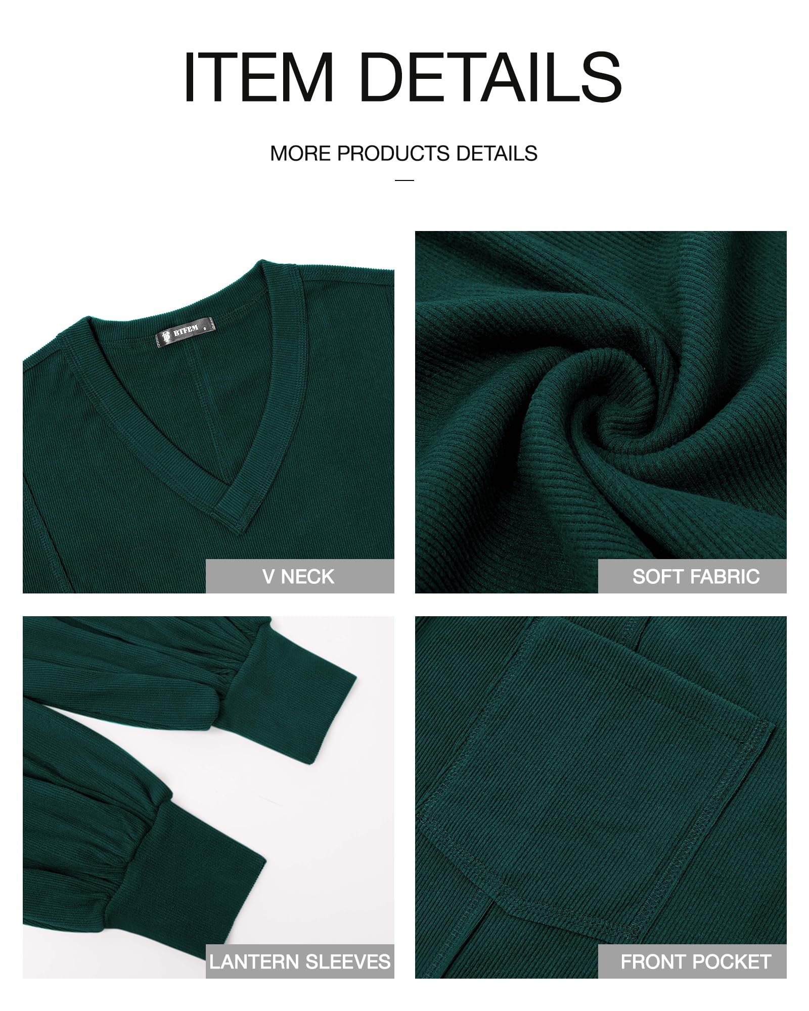 BTFBM Women's Ribbed Long Sleeve Tops 2025 Summer Spring Pullover Knit Casual V Neck Blouses Trendy Loose Fit Tunic Top(Solid Dark Green, Large)