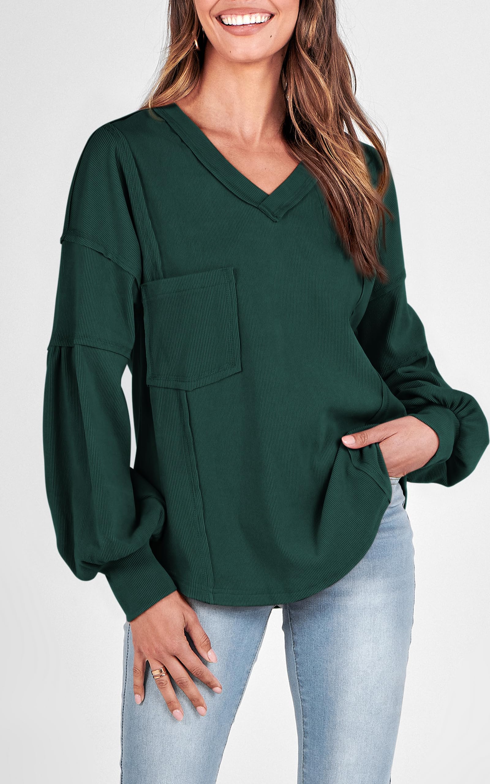 BTFBM Women's Ribbed Long Sleeve Tops 2025 Summer Spring Pullover Knit Casual V Neck Blouses Trendy Loose Fit Tunic Top(Solid Dark Green, Large)