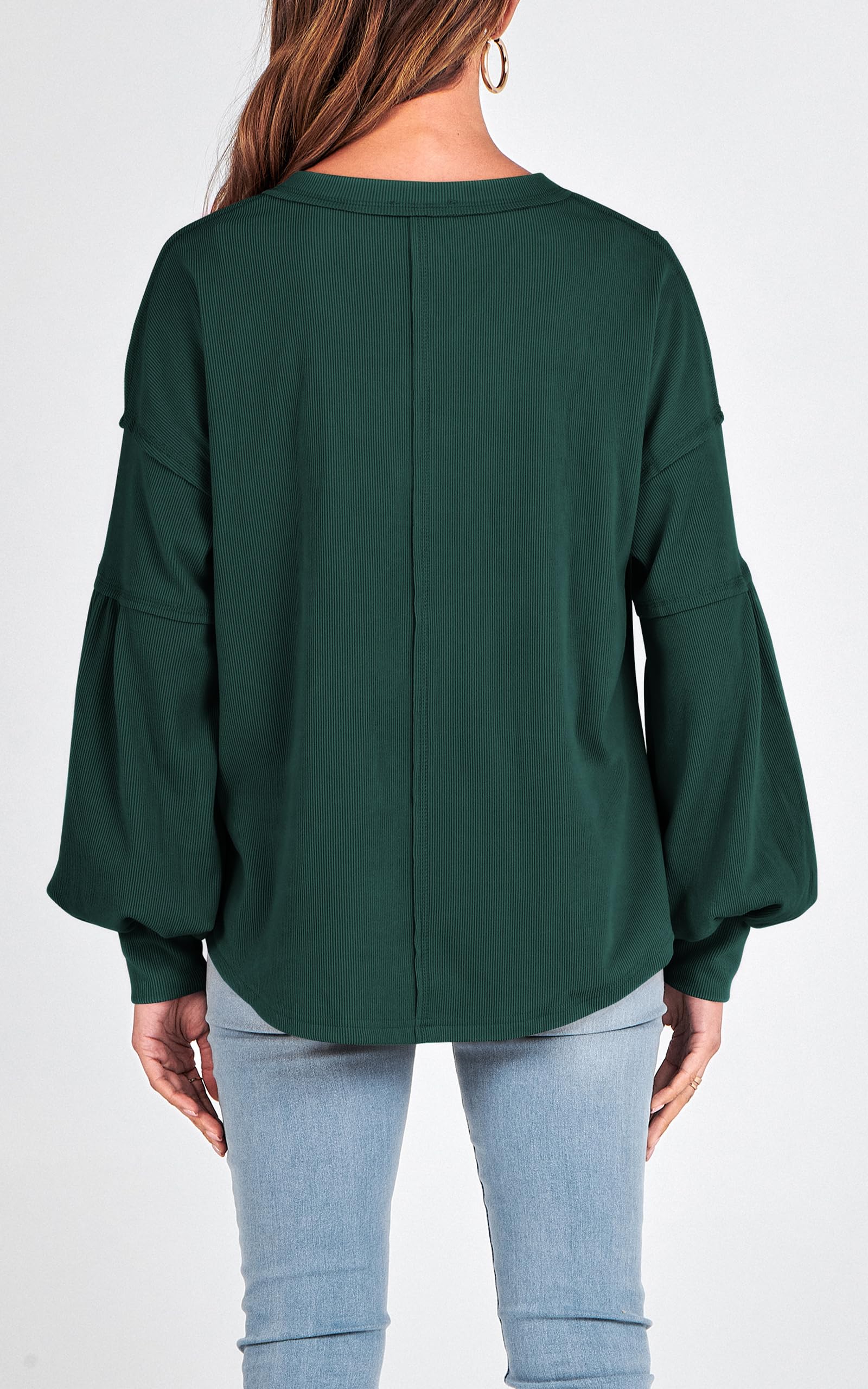 BTFBM Women's Ribbed Long Sleeve Tops 2025 Summer Spring Pullover Knit Casual V Neck Blouses Trendy Loose Fit Tunic Top(Solid Dark Green, Large)