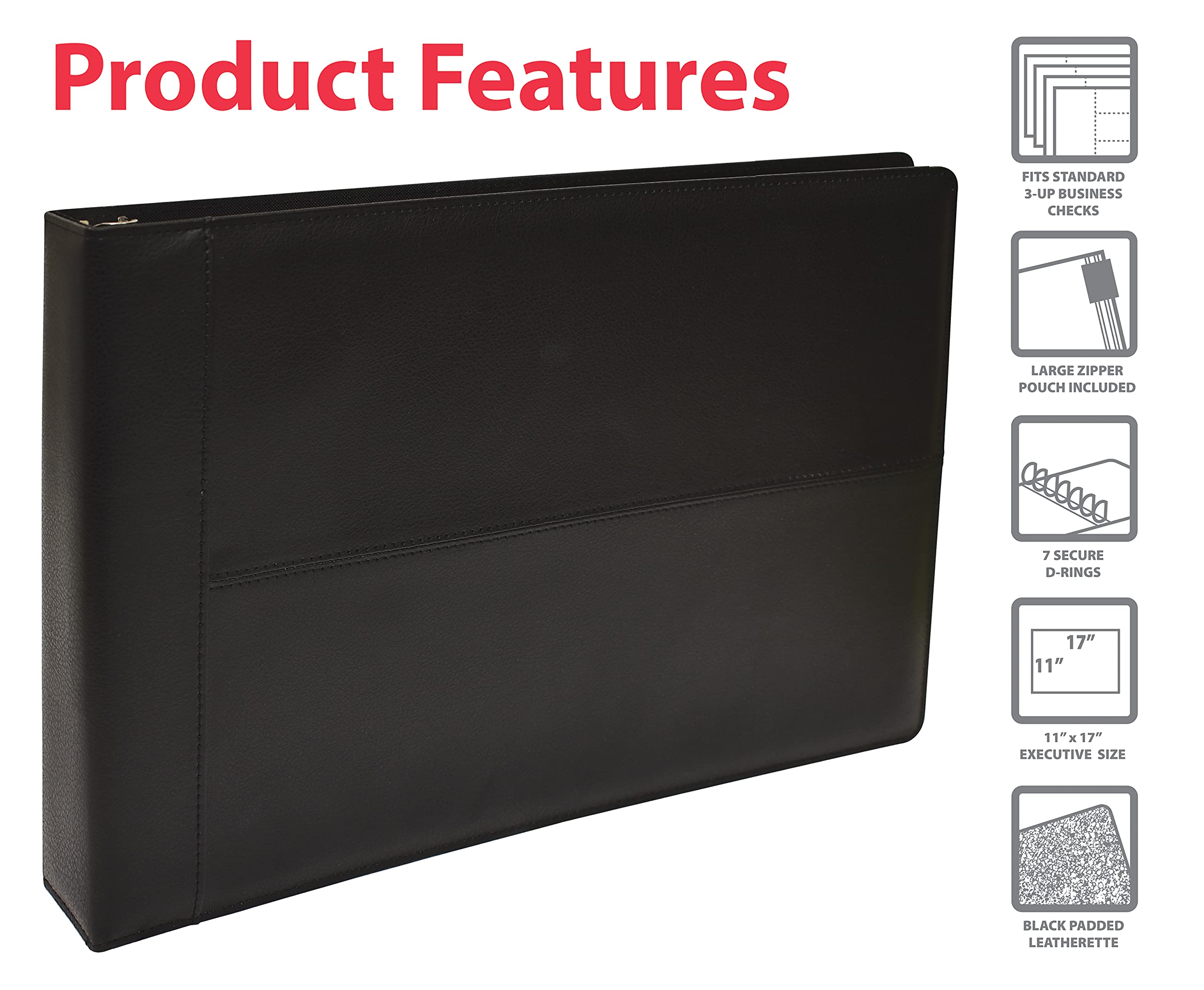 GOLD SEAL 7 Ring Executive Check Binder with Zipper Pouch, Black Textured Premium Leatherette Cover, for 9 x 13 3 Per Page Business Checks, 600 Check Capacity Checkbook Holder