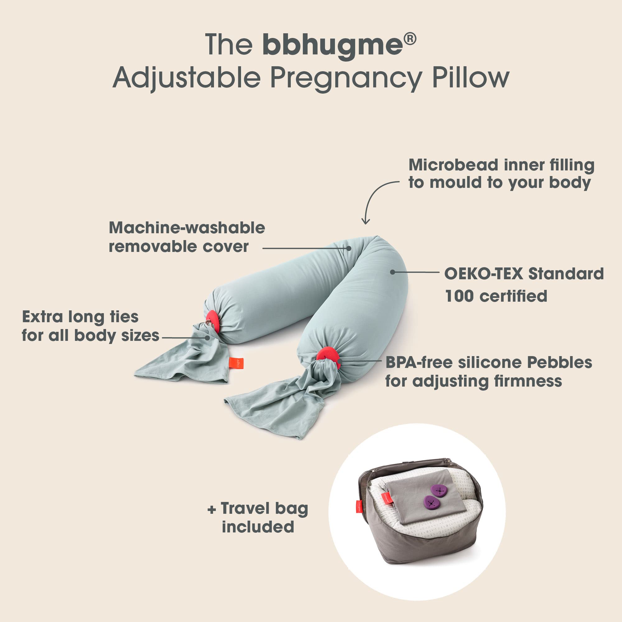 bbhugme Adjustable Pregnancy Pillow – Full Body Support for Side Sleeping - Adjustable Firmness and Shape - Supports Back, Legs, Belly, HIPS for Pregnant Women - Removable Cover - Eucalyptus