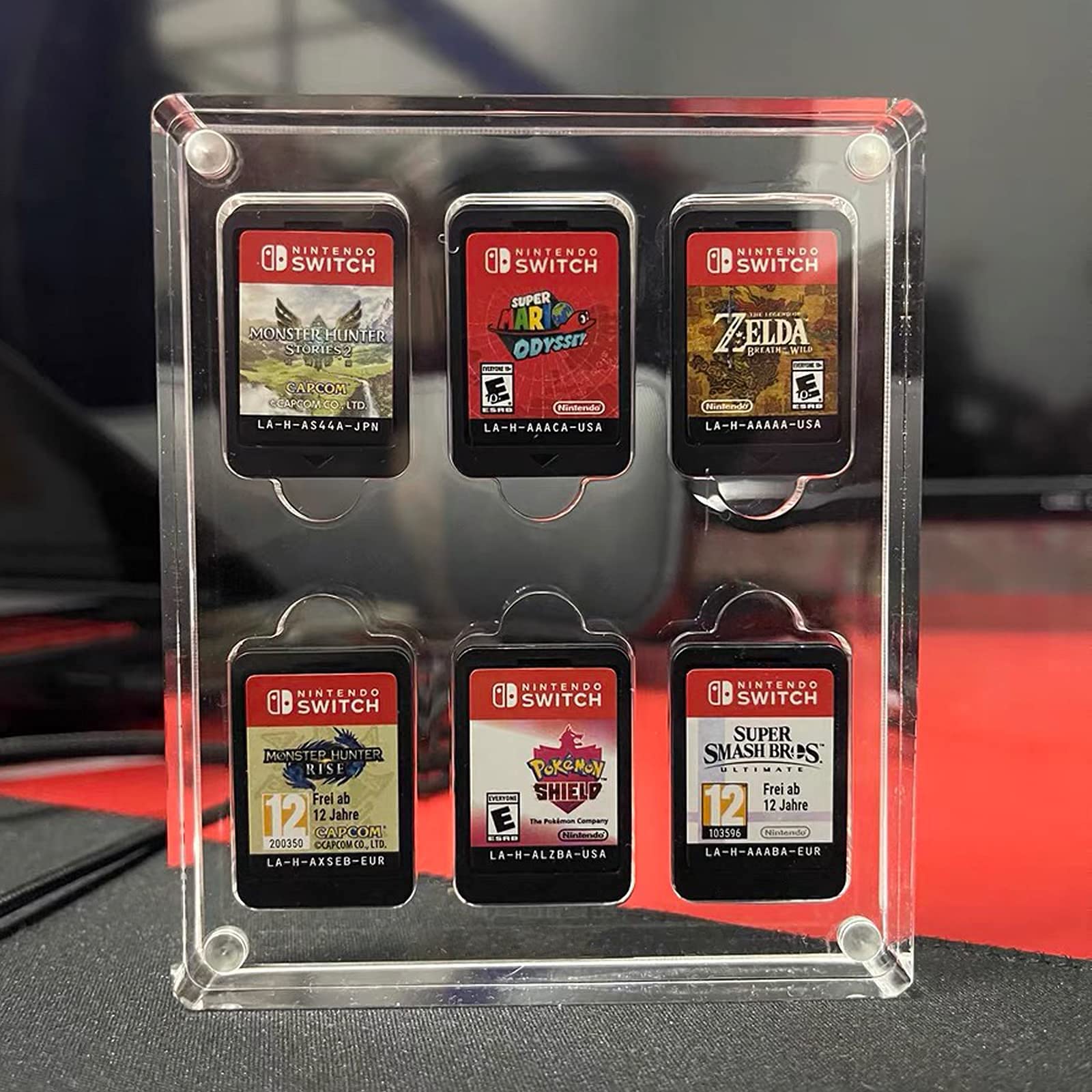X-Richmen Game Card Case for Nintendo Switch Transparent Acrylic Game Storage Box Protective Shockproof Display Cabinet with 6 Slots Game Storage Box, Gift Mario Mushroom Red and Blue Thumb Grip 2PCS