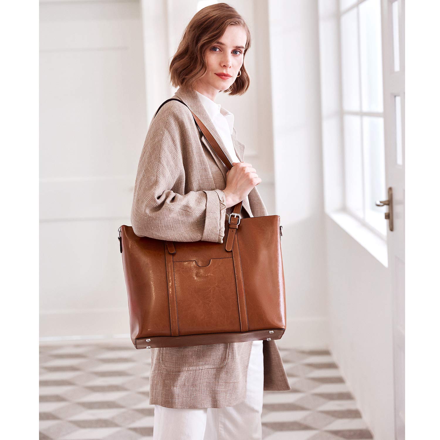 BOSTANTEN Laptop Backpack Purse and Womens Leather Laptop Tote Office Shoulder Handbag Vintage Briefcase 15.6 inch Computer Work Purse Brown