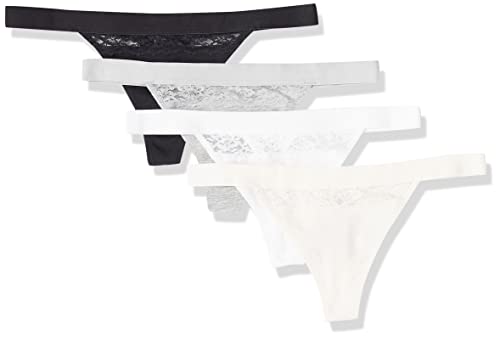 Amazon Essentials Women's Cotton and Lace Thong Underwear, Pack of 4, Black/Pink/Light Grey Marl, Medium