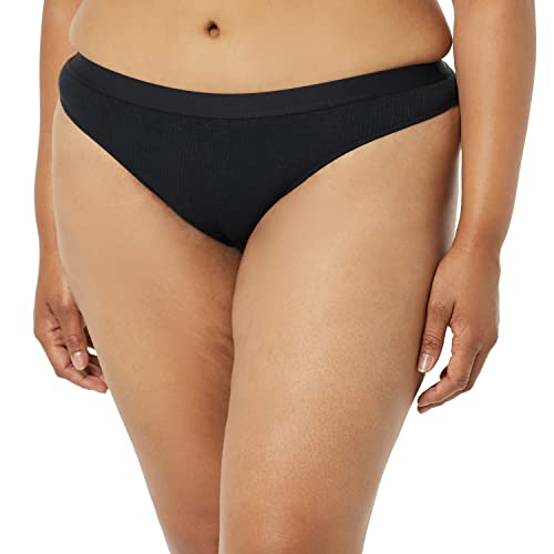 Amazon Essentials Women's Ribbed Cotton Thong Underwear, Pack of 4, Black/Bright White/Pale Pink, X-Small