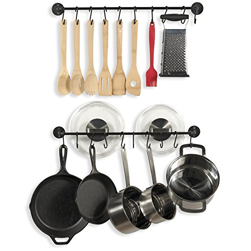 Wallniture Cucina 24" Gourmet Kitchen Rail Wall Mount Kitchen Utensil Holder with 10 S Hooks for Hanging Pots and Pans Set of 2, Black
