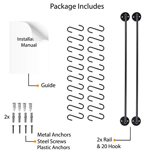 Wallniture Cucina 24" Gourmet Kitchen Rail Wall Mount Kitchen Utensil Holder with 10 S Hooks for Hanging Pots and Pans Set of 2, Black