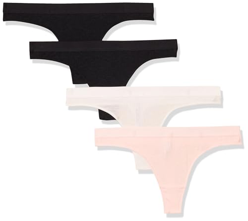 Amazon Essentials Women's Ribbed Cotton Thong Underwear, Pack of 4, Black/Bright White/Pale Pink, X-Small