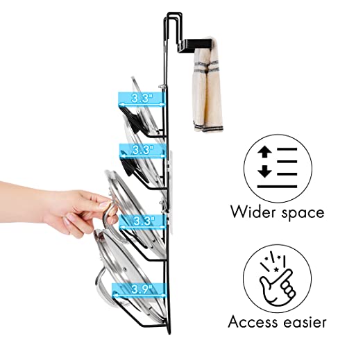 KES Pot Lid Organizer with Towel Rack for Cabinet Door, Lid Rack Holder for Pot Lids Storage Kitchen No Drill Metal Matte Black, KUR524-BK