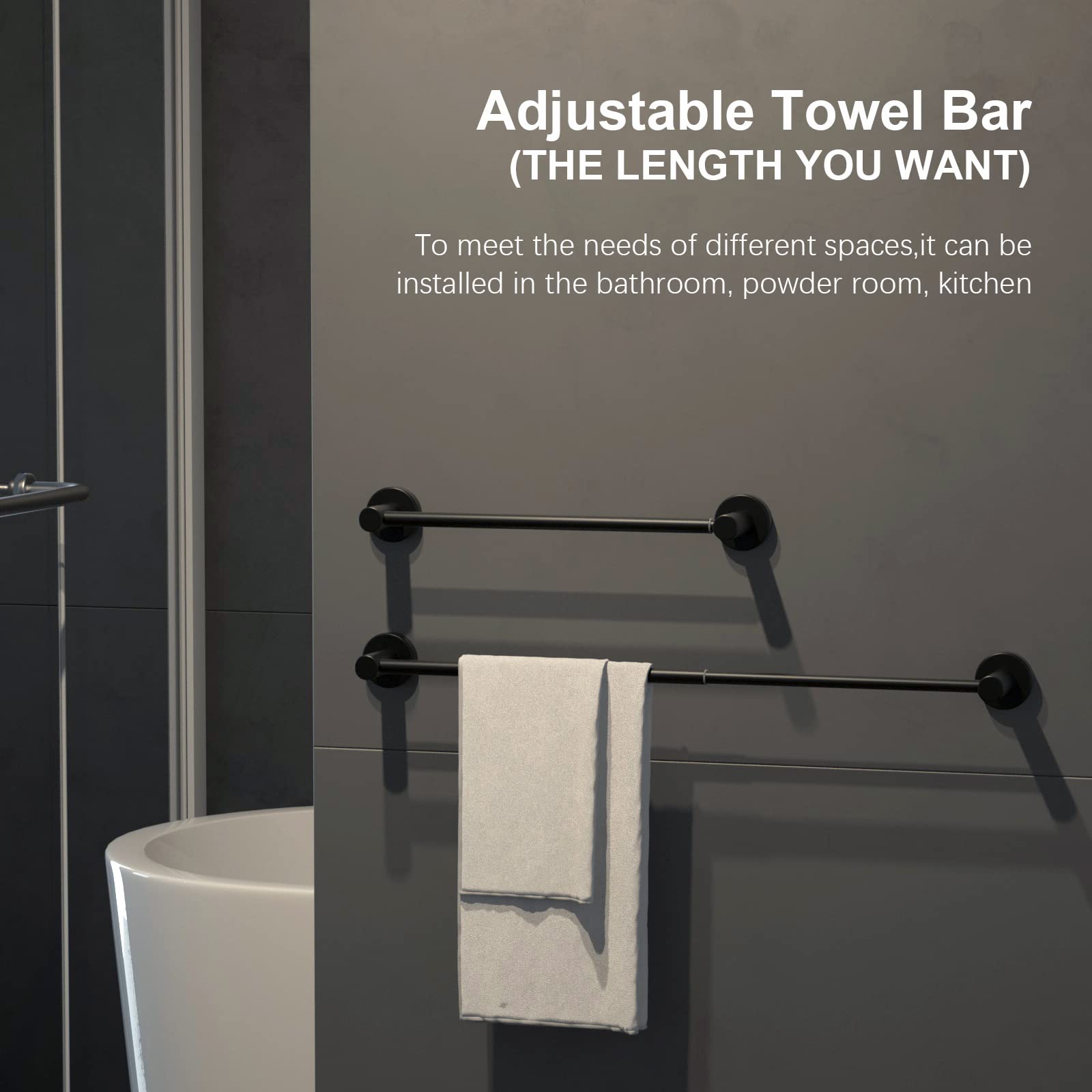 2 Pack Adjustable 16 to 27.6 Inch Single Towel Bar, iMomwee Oil Rubbed Black Finished SUS304 Stainless Steel Bathroom Towel Rod, Wall Mount Towel Rail with S Hooks for Kitchen Washroom (1" Diameter)
