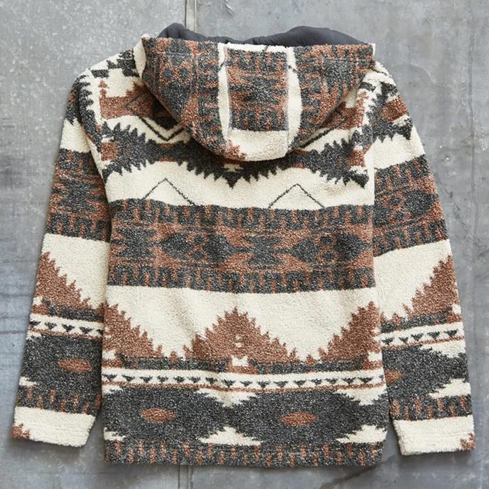 chouyatou Men's Tribal Aztec Printed 1/4 Zip Fuzzy Sherpa Pullover Sweatshirt Hoodie (Medium, Brown)
